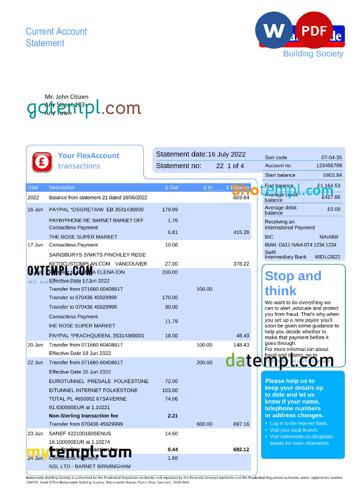 United Kingdom Nationwide bank statement, Word and PDF template, 5 pages, version 2