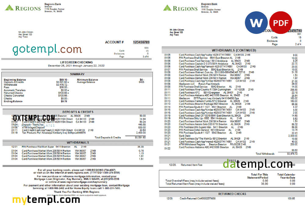 USA Regions Bank statement, Word and PDF template, 4 pages