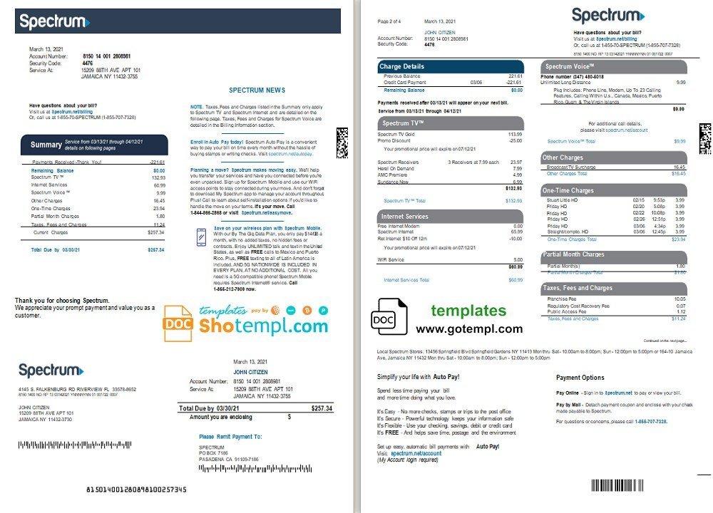 USA Spectrum utility bill template in Word and PDF format (4 pages)