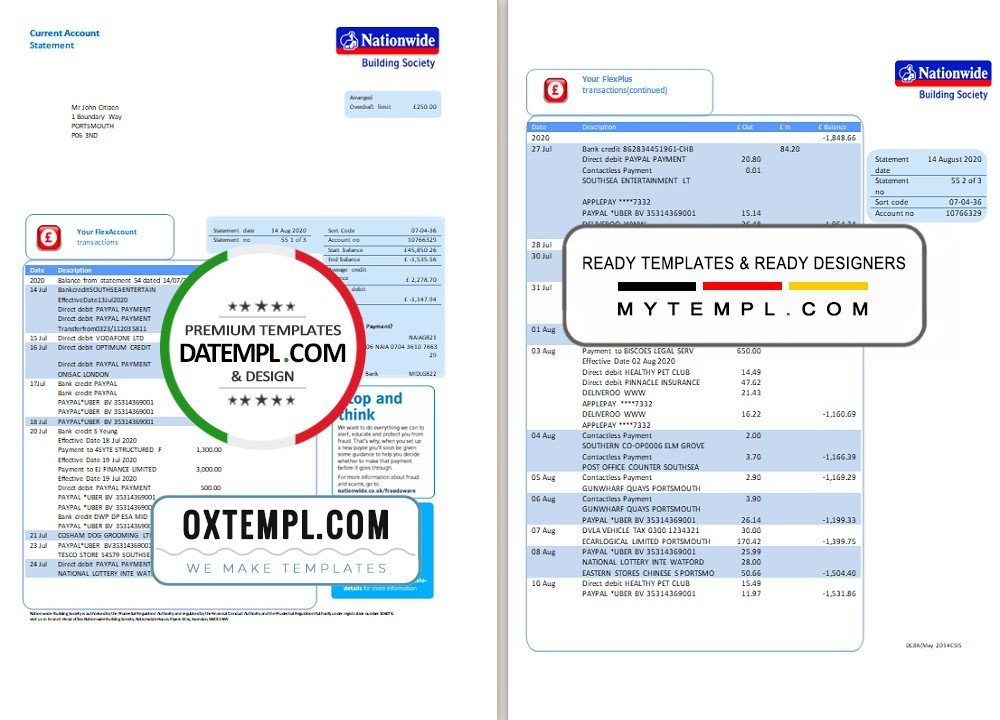 United Kingdom Nationwide bank statement template in .doc and .pdf ...