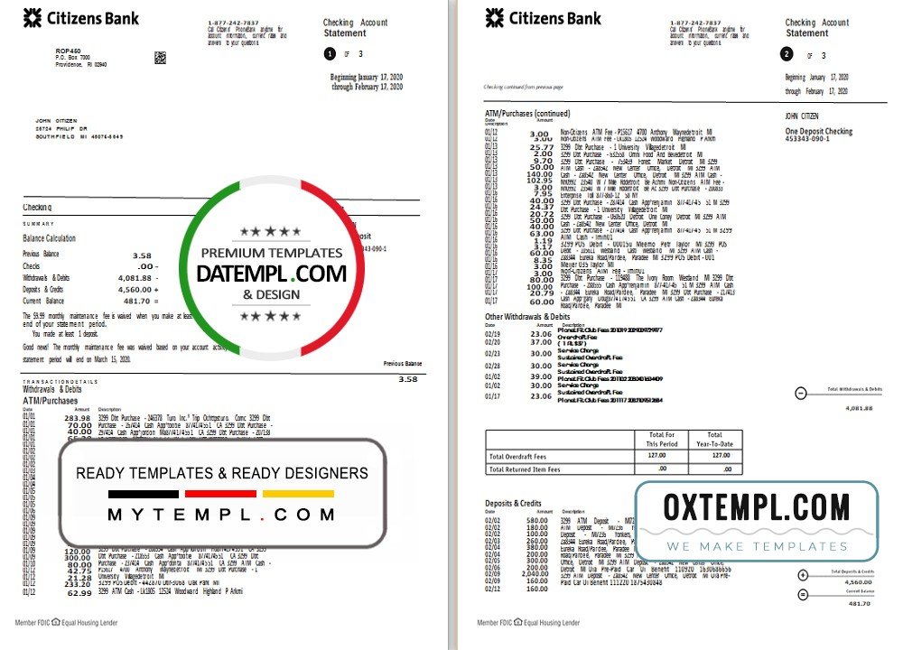 USA Citizens bank statement template in Excel and PDF format, (4 pages ...