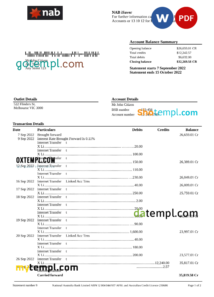 Australia NAB bank statement, Word and PDF template, 2 pages – gotempl.cc