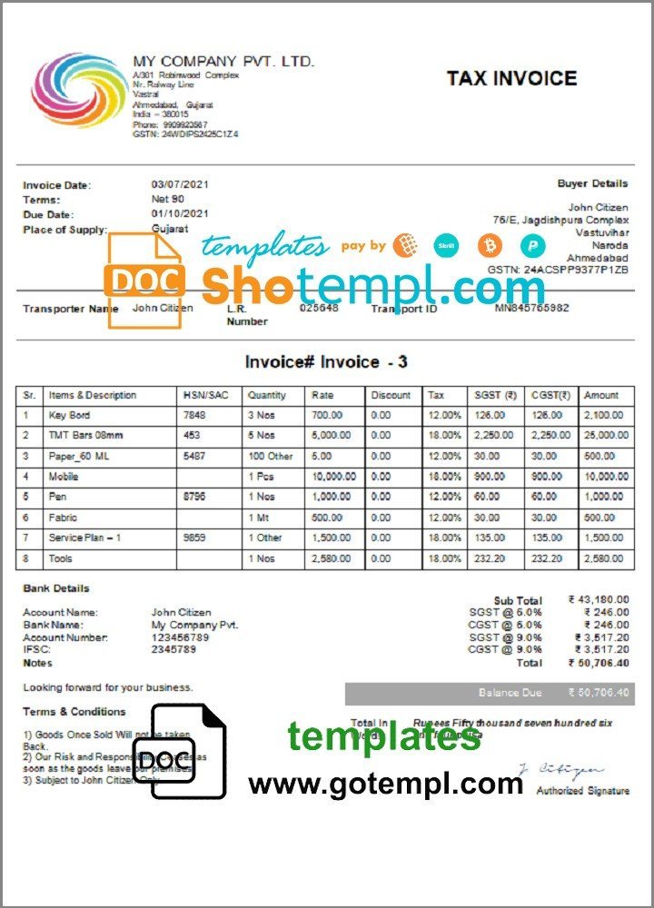 India My Company Pvt Ltd invoice template in Word and PDF format, fully ...