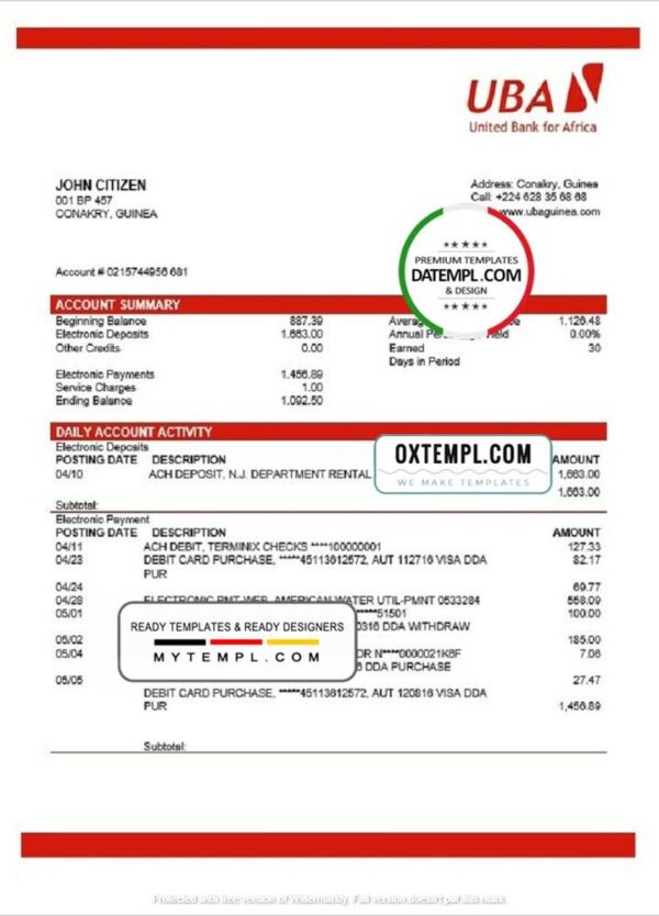 Guinea UBA Bank statement template in Word and PDF format, good for ...