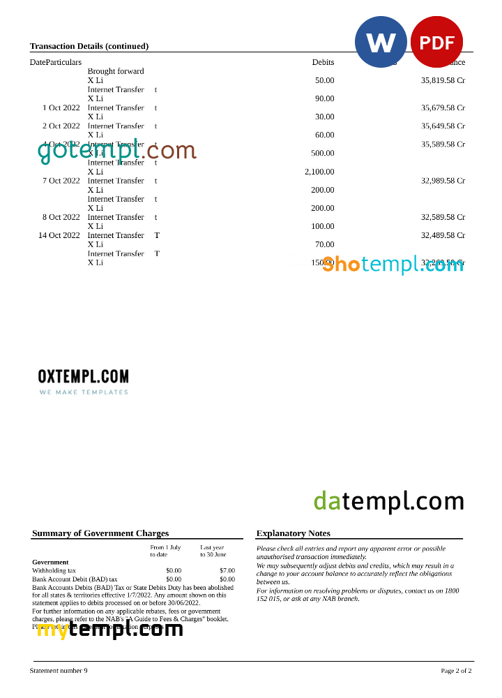 Australia NAB bank statement, Word and PDF template, 2 pages | gotempl.cc
