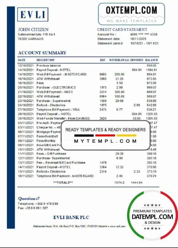 Finland Evli Bank PLC bank statement easy to fill template in Excel and ...