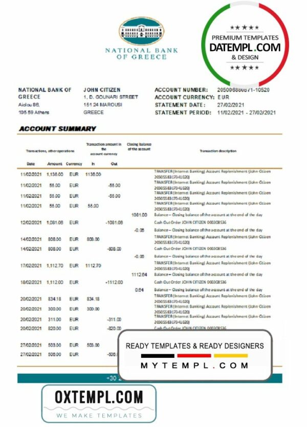 Greece National Bank of Greece bank statement template in .xls and .pdf ...