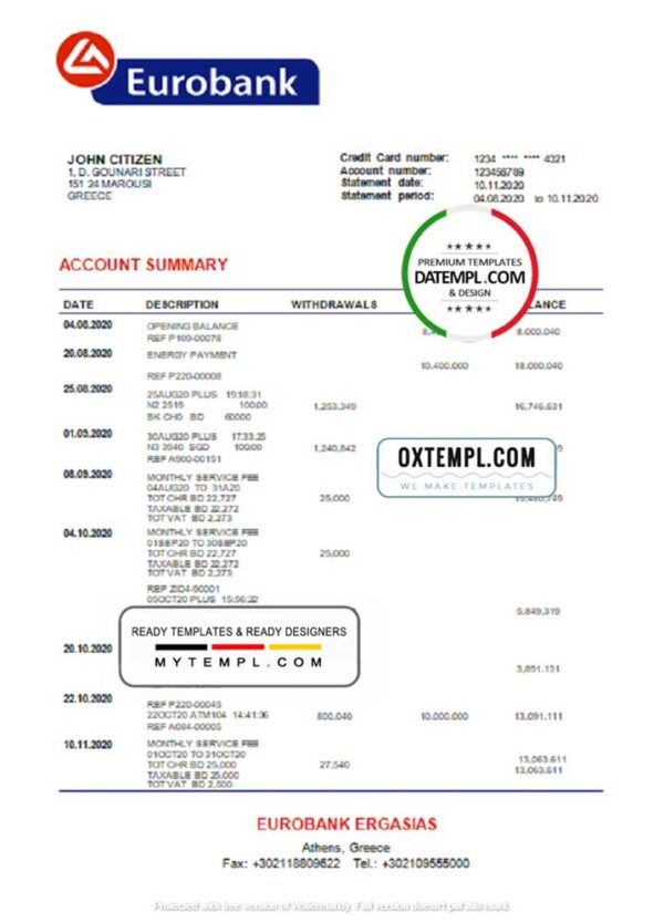 Greece Eurobank Ergasias proof of address bank statement template in ...