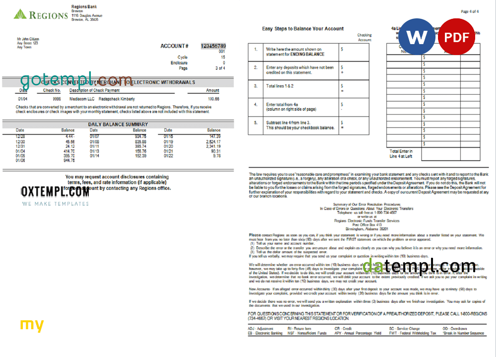 USA Regions Bank statement, Word and PDF template, 4 pages