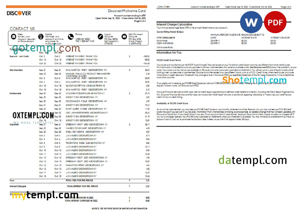 USA Discover bank statement, Word and PDF template, 5 pages