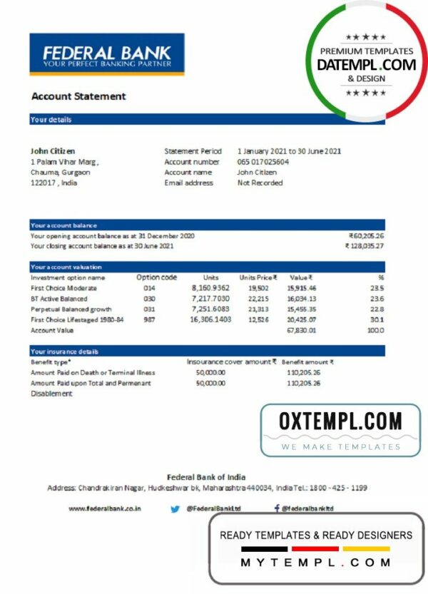 India Federal Bank statement easy to fill template in .xls and .pdf ...