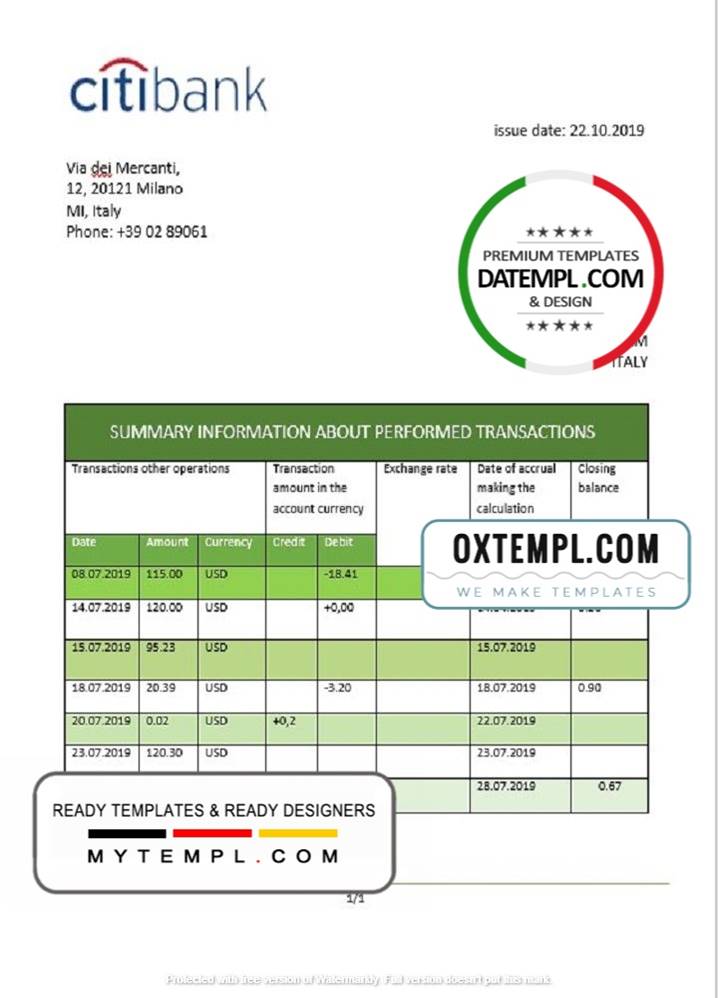 Italy Citibank statement template in .doc and .pdf format, fully editable