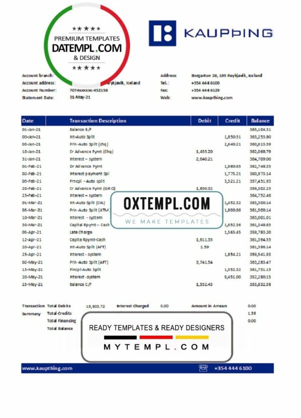 Iceland Kaupthing Bank statement easy to fill template in Excel and PDF format