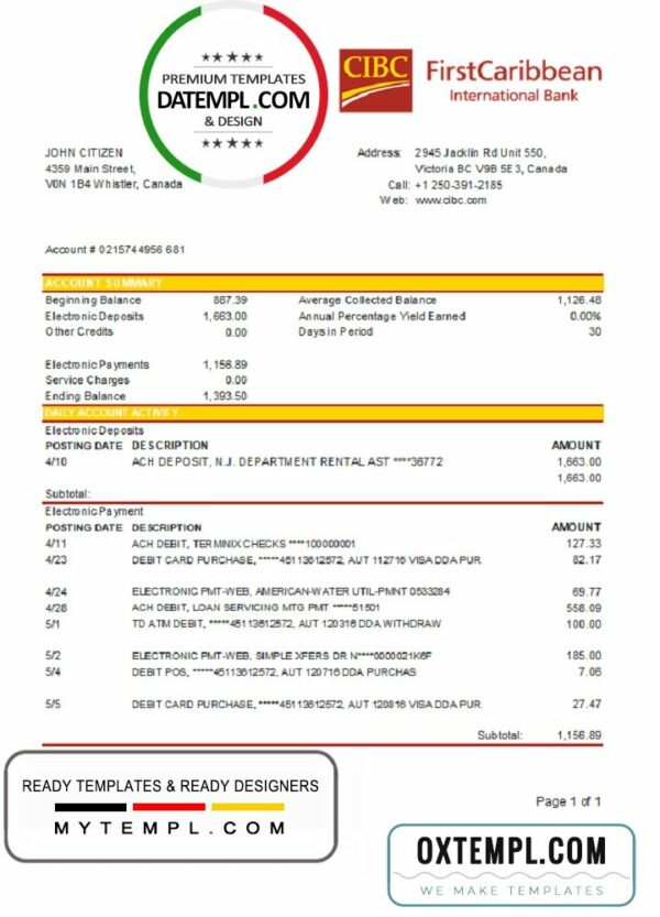 Canada CIBC Bank statement template in Word and PDF format (.doc and .pdf)