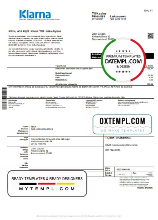 Finland Klarna Bank statement template in Word and PDF format, in ...