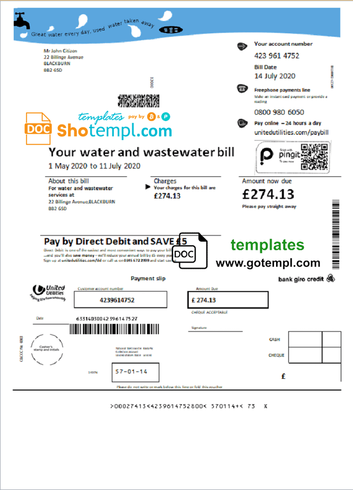 United Kingdom United Utilities water utility bill template in Word and ...