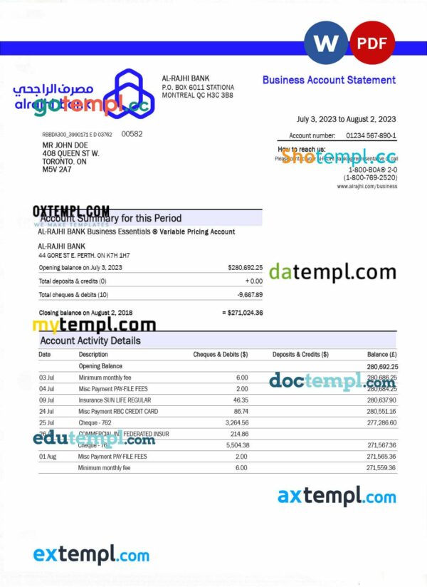 Al-Rajhi bank company account statement Word and PDF template