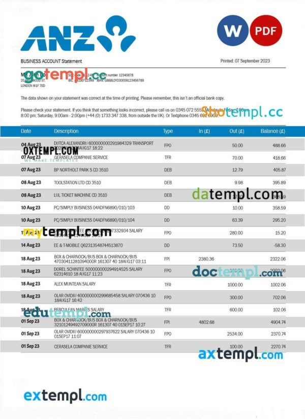 ANZ Bank corporate statement Word and PDF template