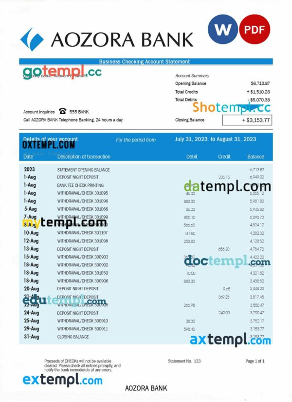Aozora Bank organization checking account statement Word and PDF template