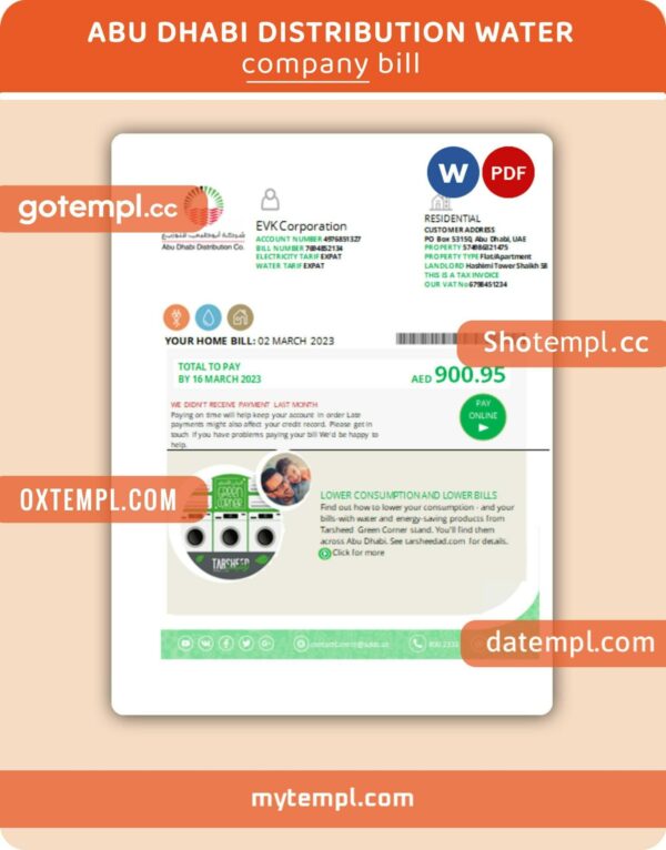 Abu Dhabi Distribution water business utility bill, Word and PDF template