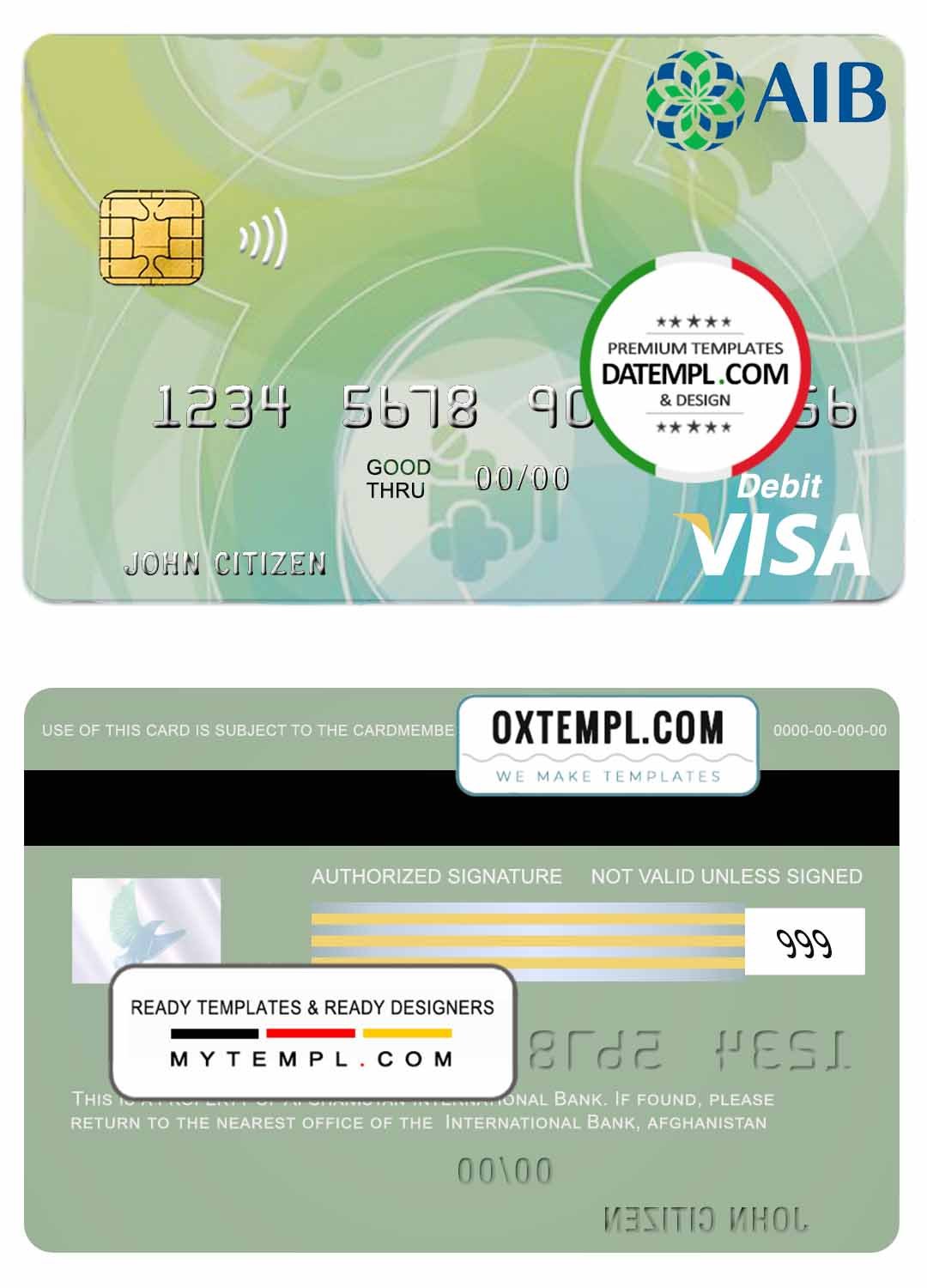 Afghanistan International Bank debit visa card template in PSD format ...