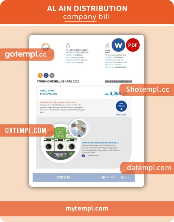 Al Ain Distribution Company business utility bill, Word and PDF template