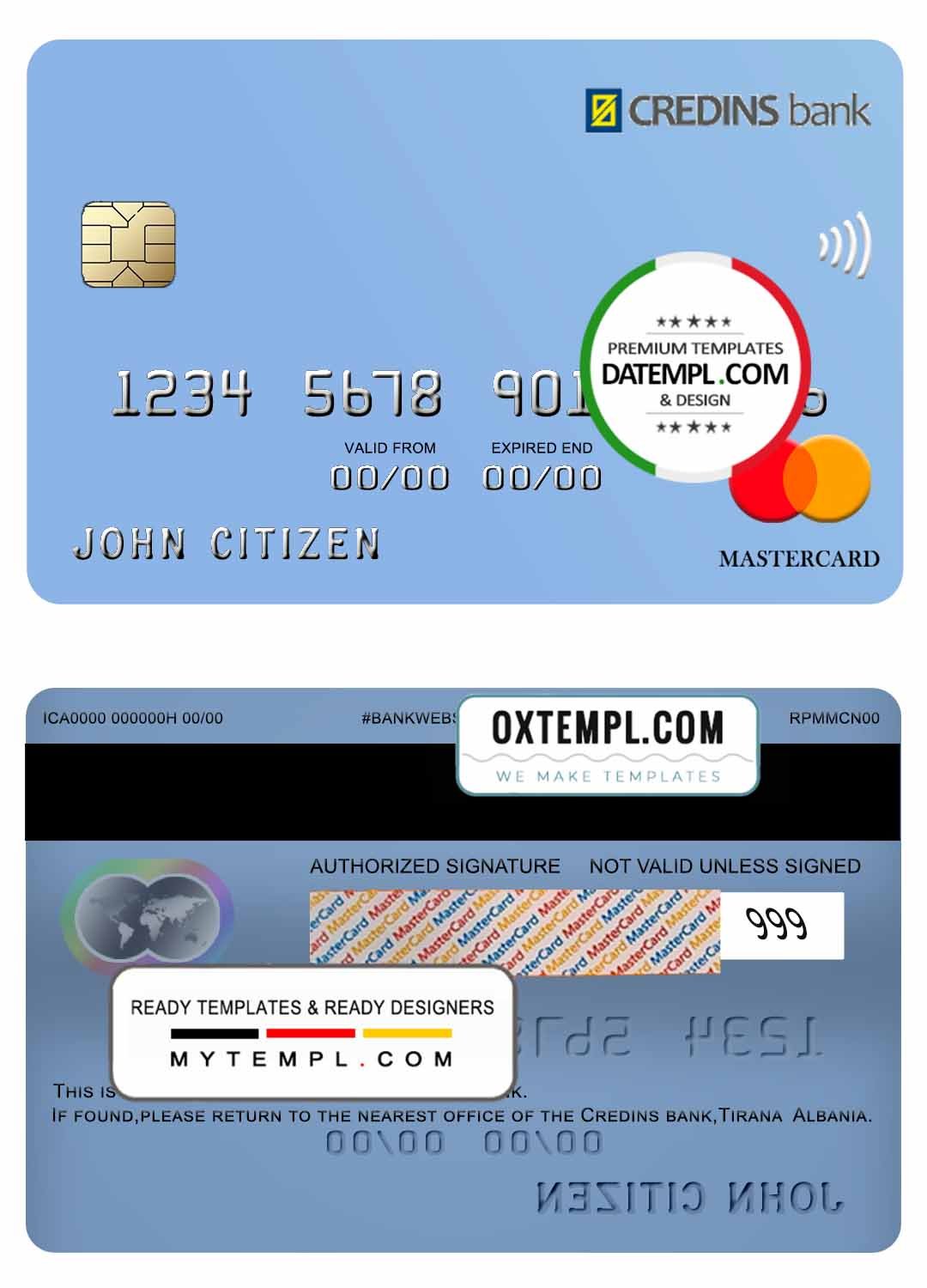 Albania Credins bank mastercard template in PSD format, fully editable