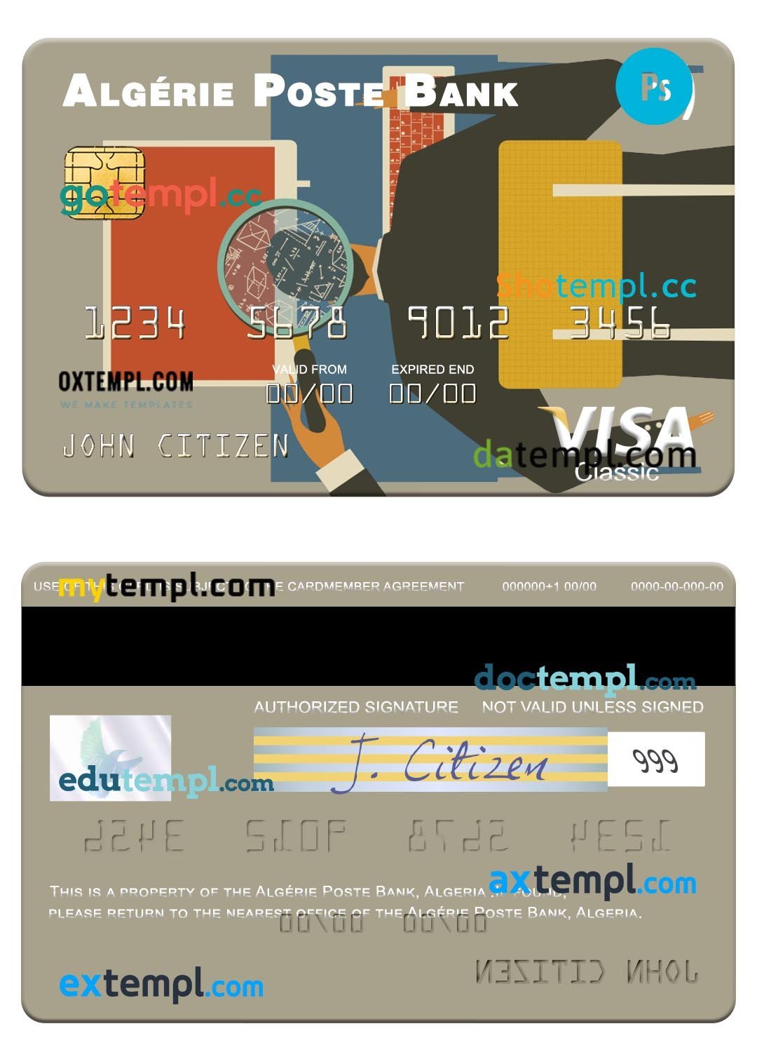 Algeria Algérie Poste Bank visa card template in PSD format