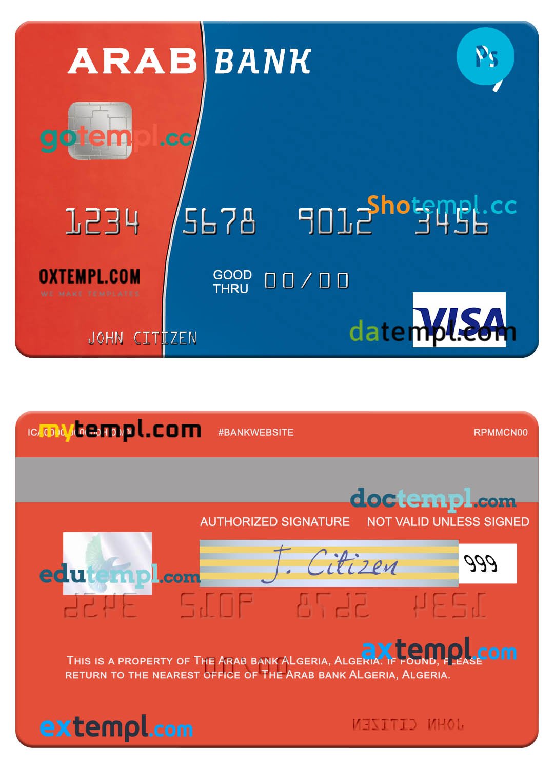 Algeria Arab Bank Algeria visa card template in PSD format