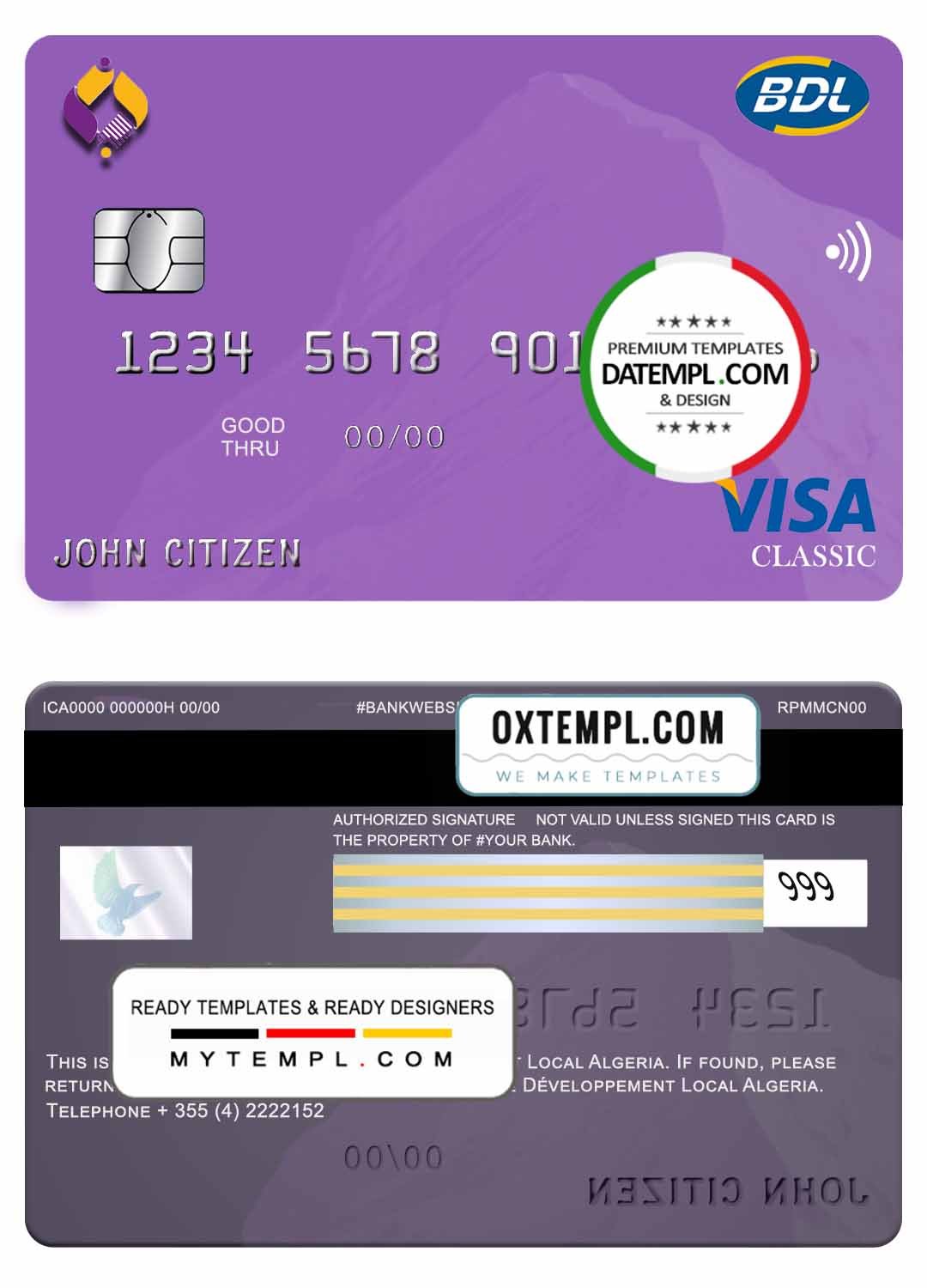 Algeria Banque de developement visa card template in PSD format, fully ...
