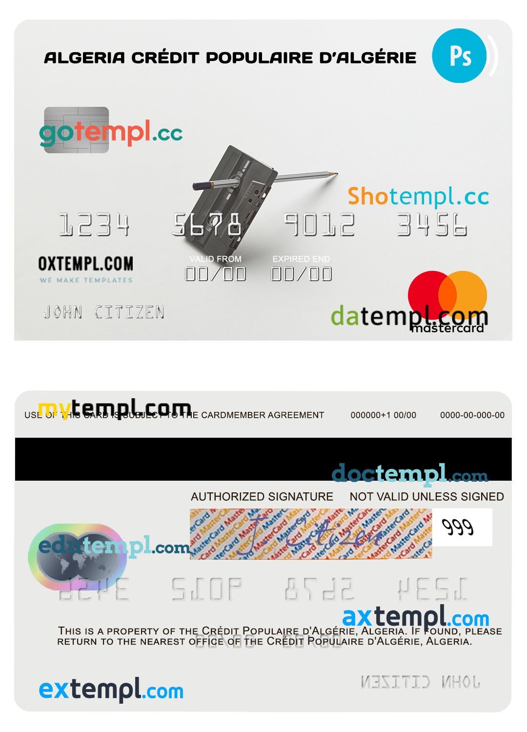 Algeria Crédit Populaire d’Algérie mastercard template in PSD format