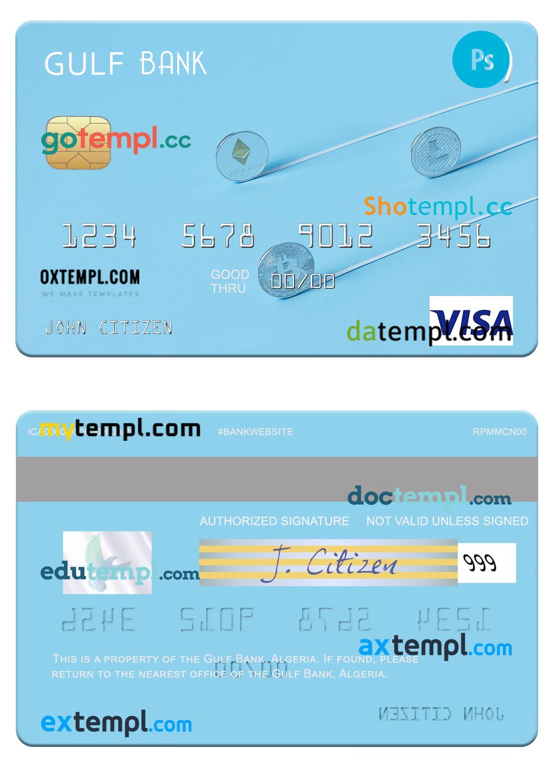 Algeria Gulf Bank visa card template in PSD format