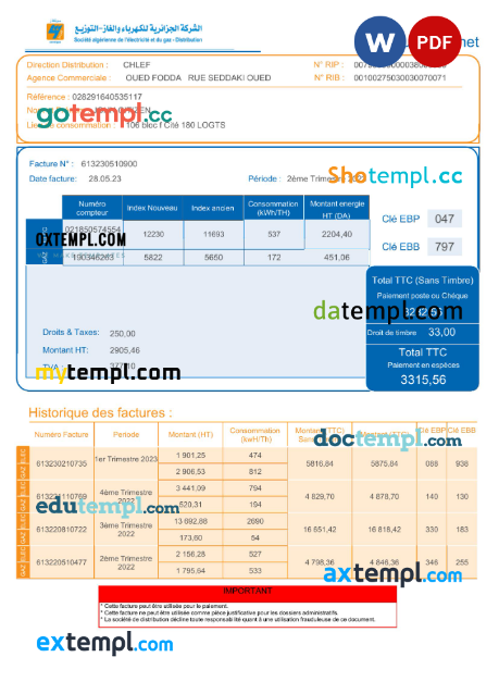 Algeria Societe Algerien Distribution internet utility bill Word and ...