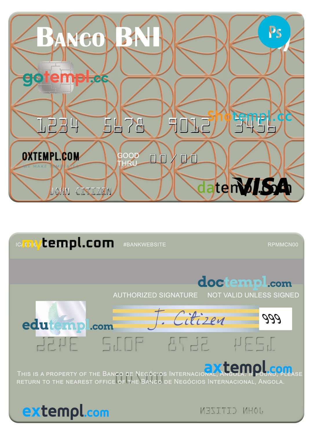 Angola Banco de Negócios Internacional visa card template in PSD format
