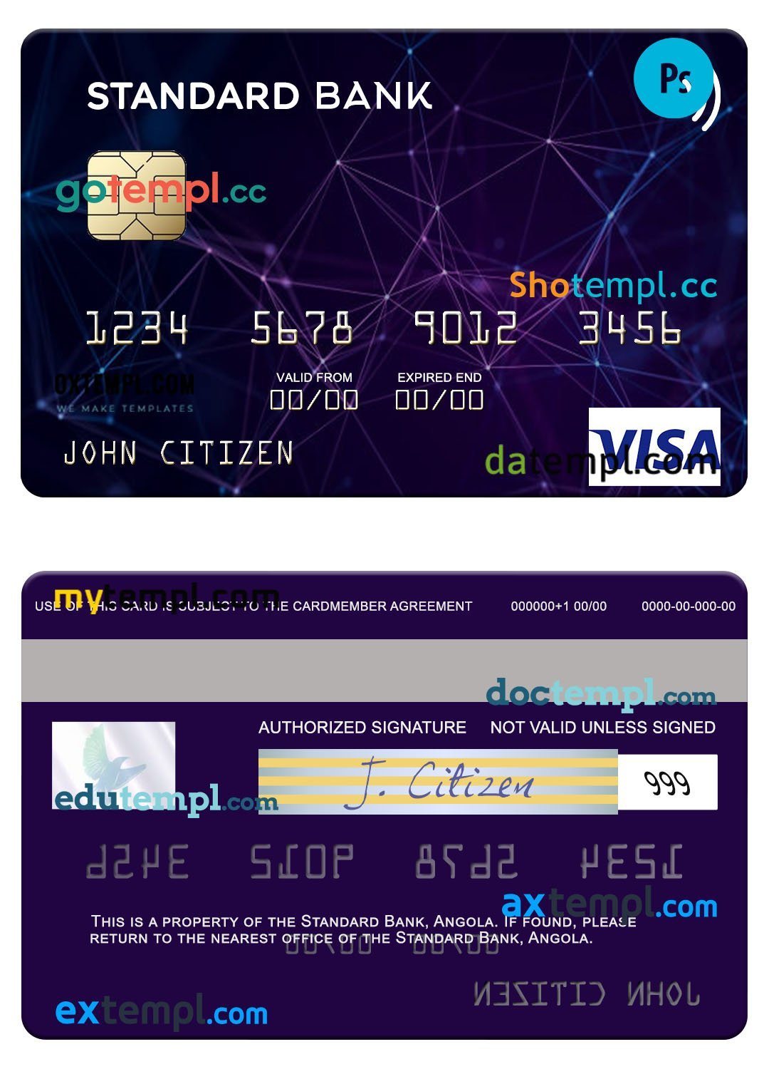 Angola Standard Bank visa card template in PSD format