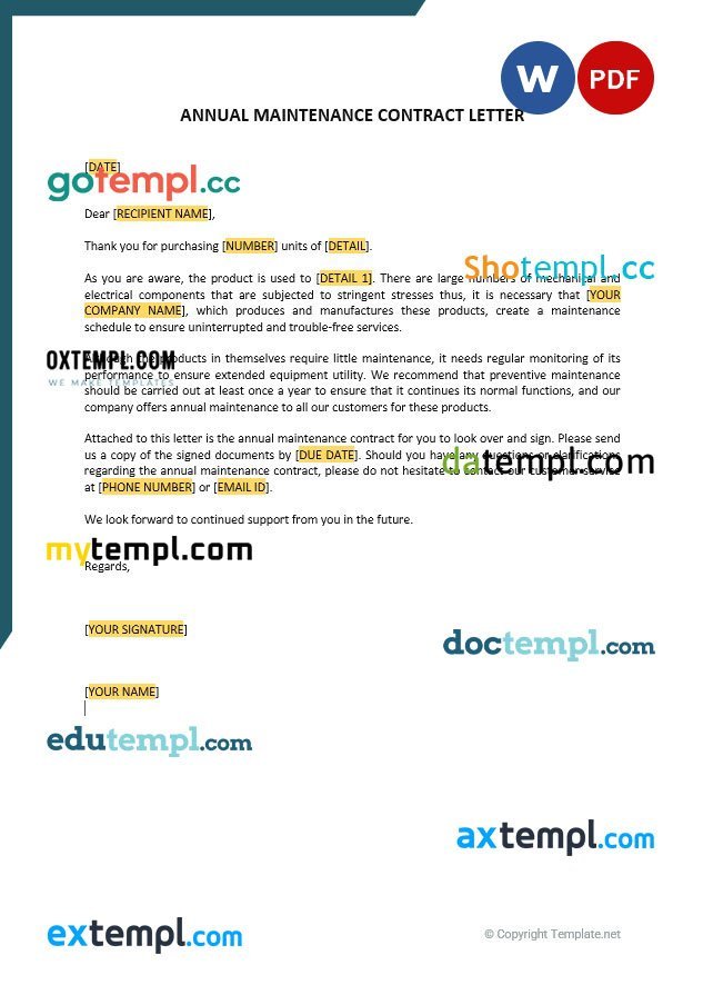 free annual maintenance contract letter template, Word and PDF format