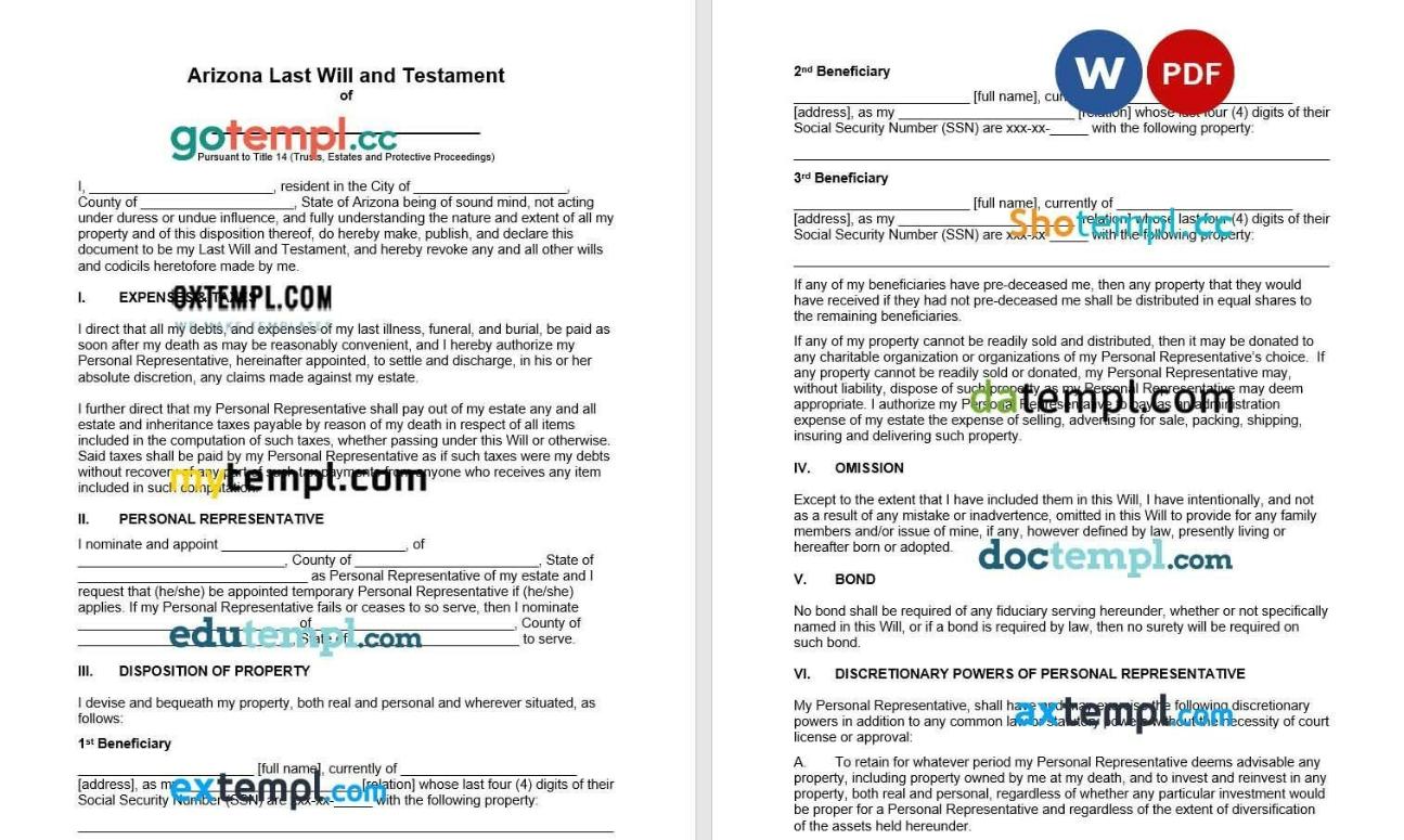 Arizona Last Will and Testament example, fully editable
