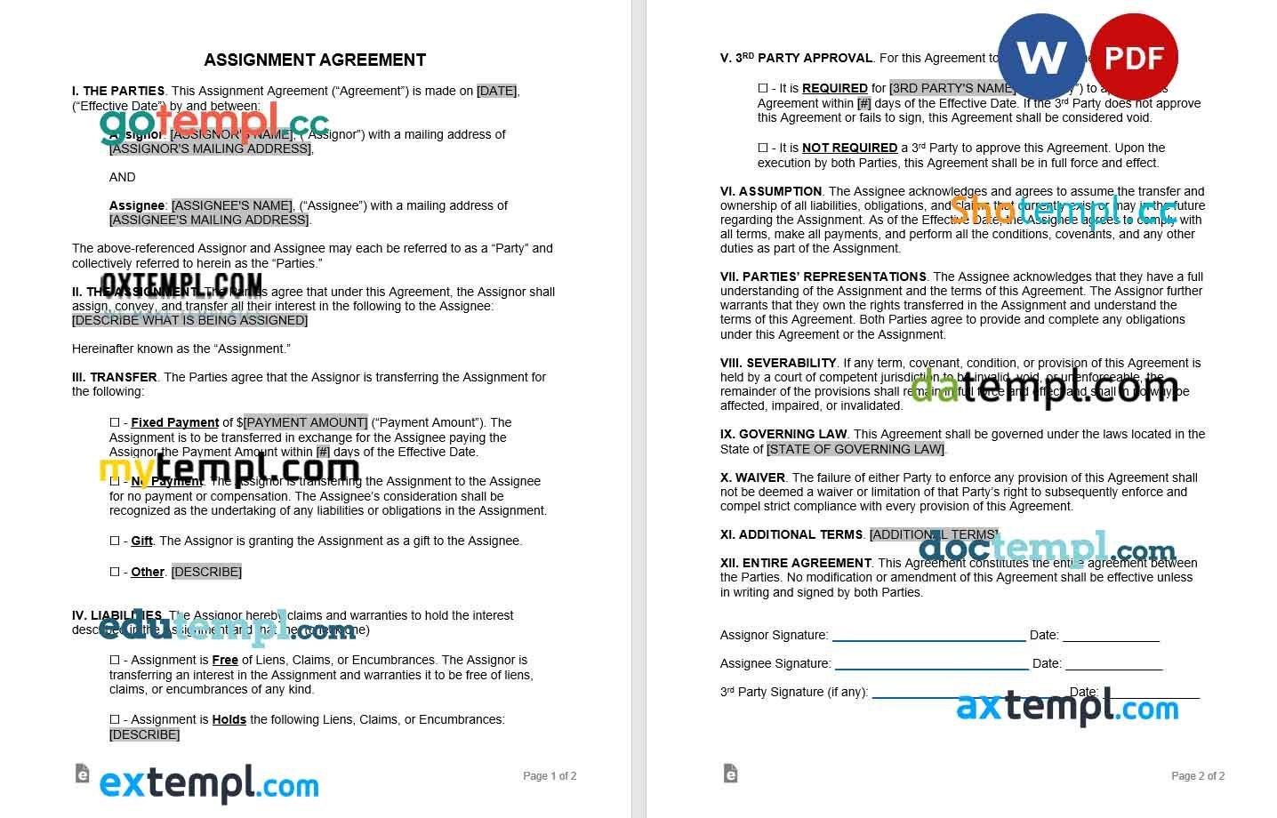 free assignment agreement form template, Word and PDF format