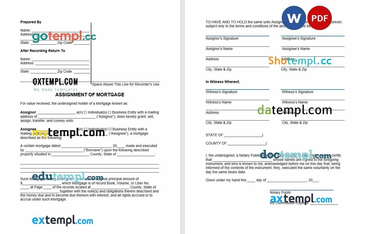 free assignment of mortgage template, Word and PDF format
