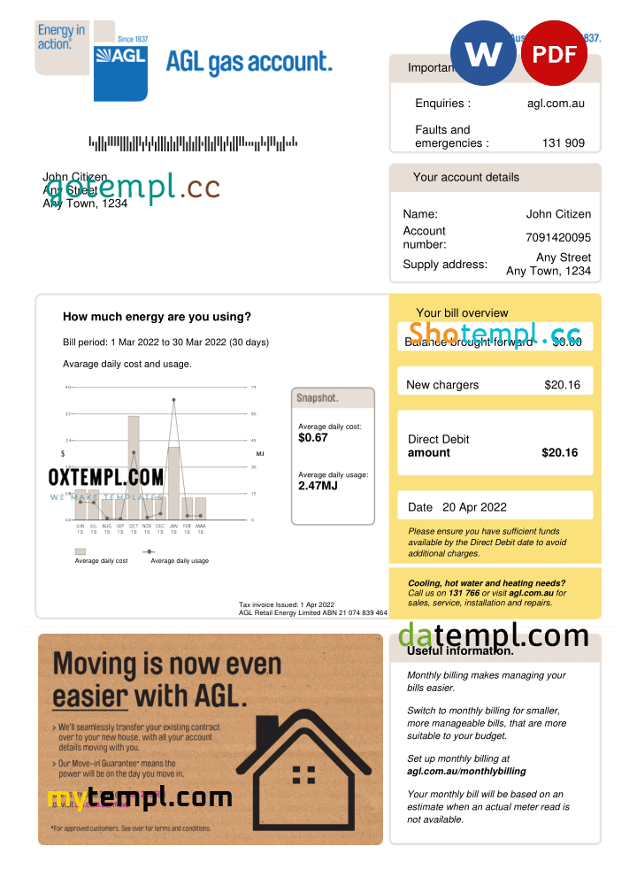 Australia AGL gas utility bill Word and PDF template, version 2
