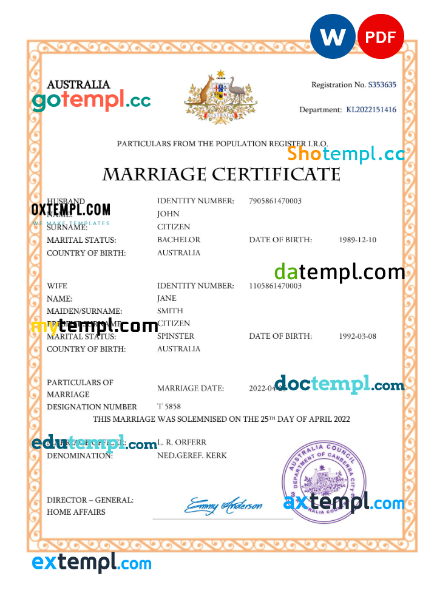 Australia marriage certificate Word and PDF template, completely editable