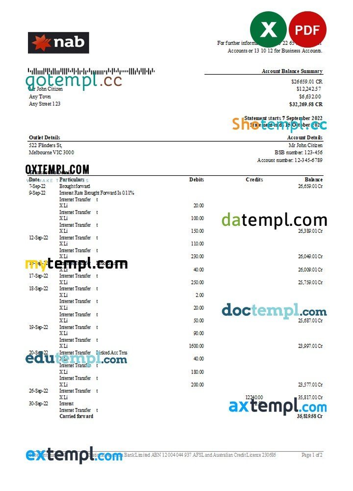 Australia NAB bank statement, Excel and PDF template, 2 pages – gotempl.cc