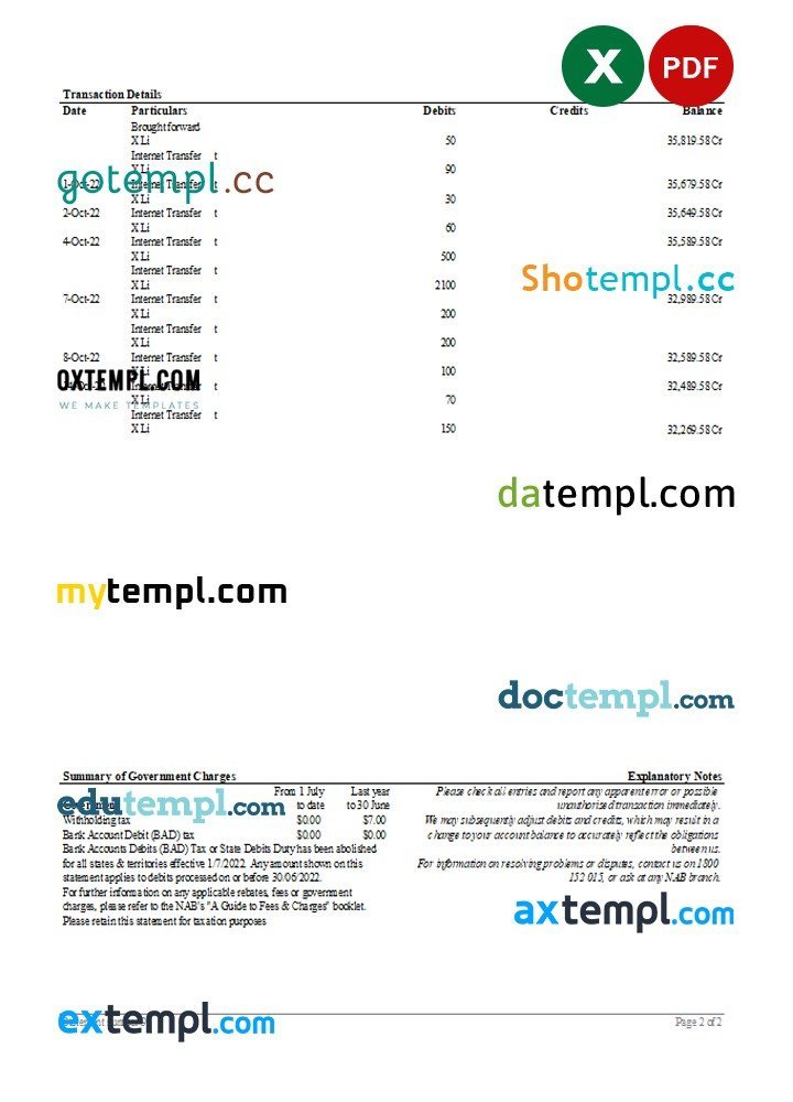 Australia NAB bank statement, Excel and PDF template, 2 pages