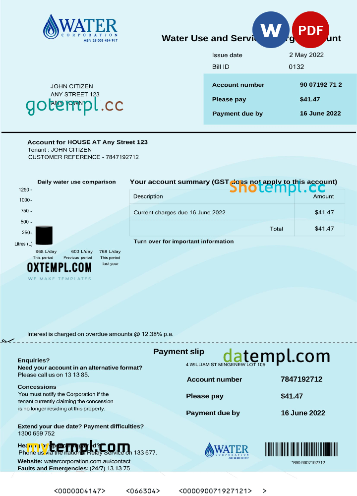 Australia Water Corporation WA utility bill .doc and .pdf template