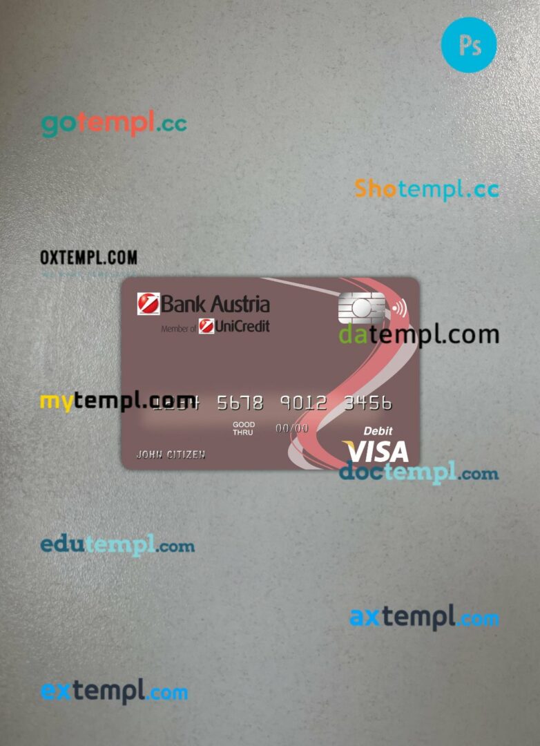 Austria Bank Austria visa card PSD scan and photo-realistic snapshot, 2 ...