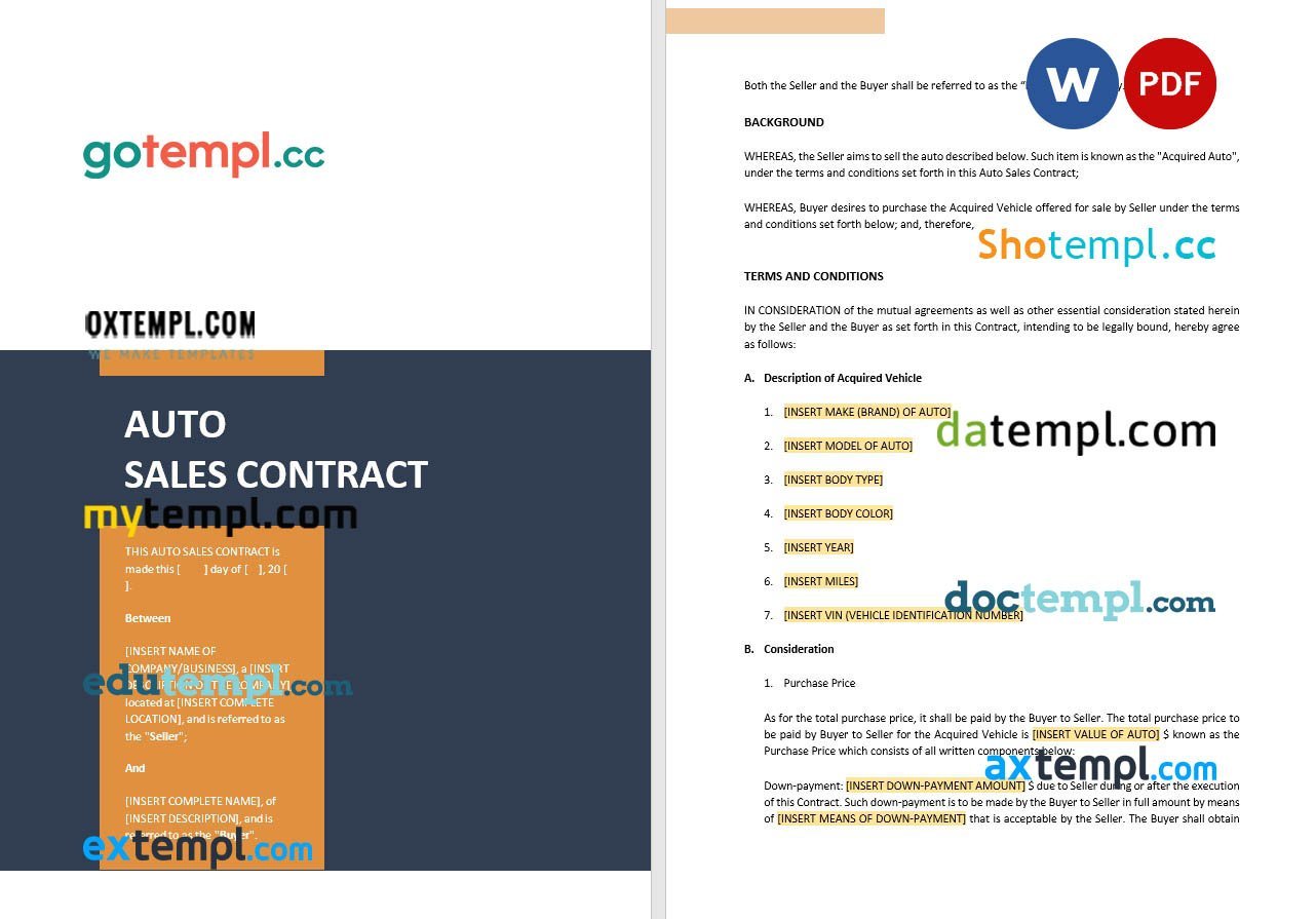 free auto sales contract template, Word and PDF format