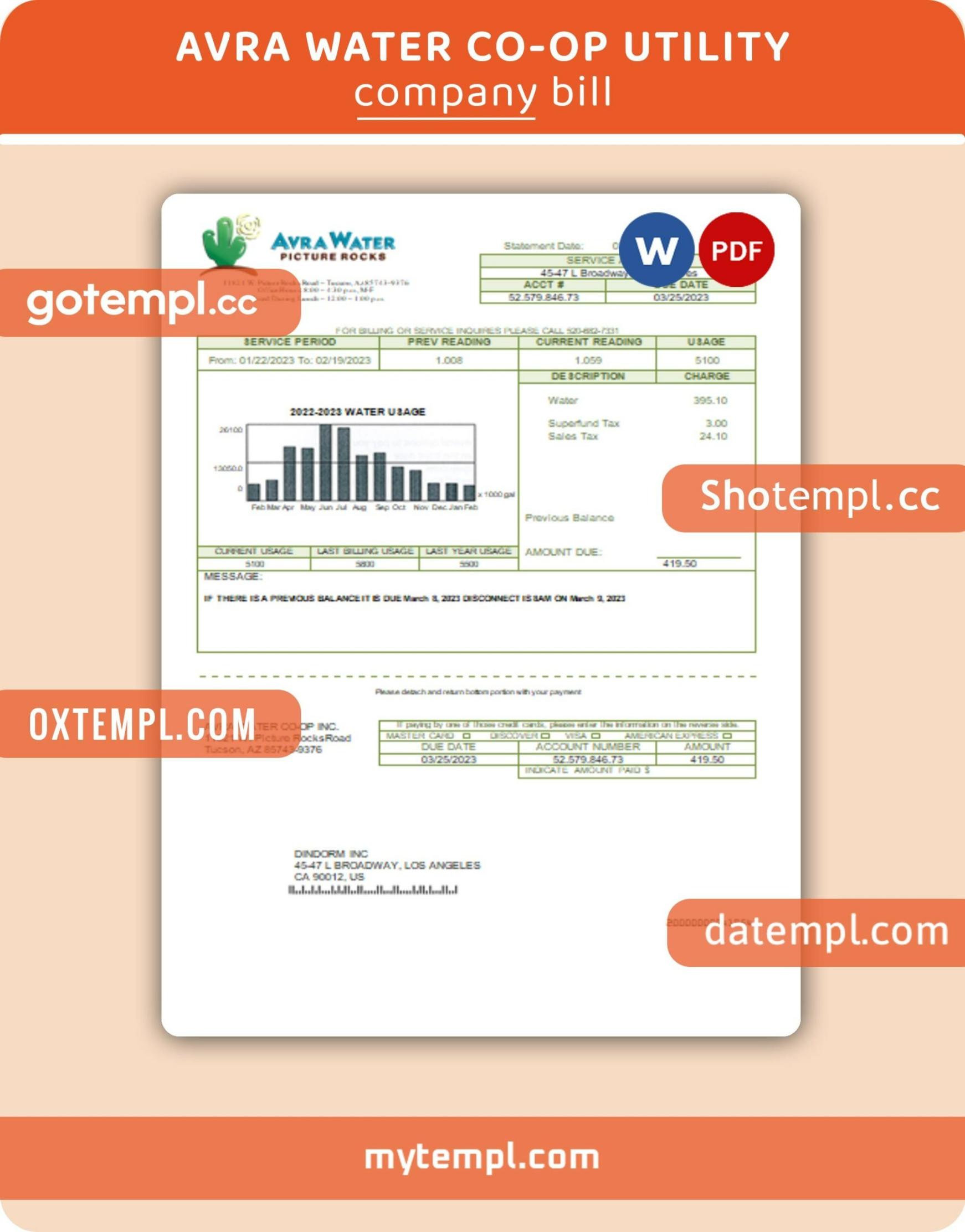 Avra Water Co-Op business utility bill, Word and PDF template