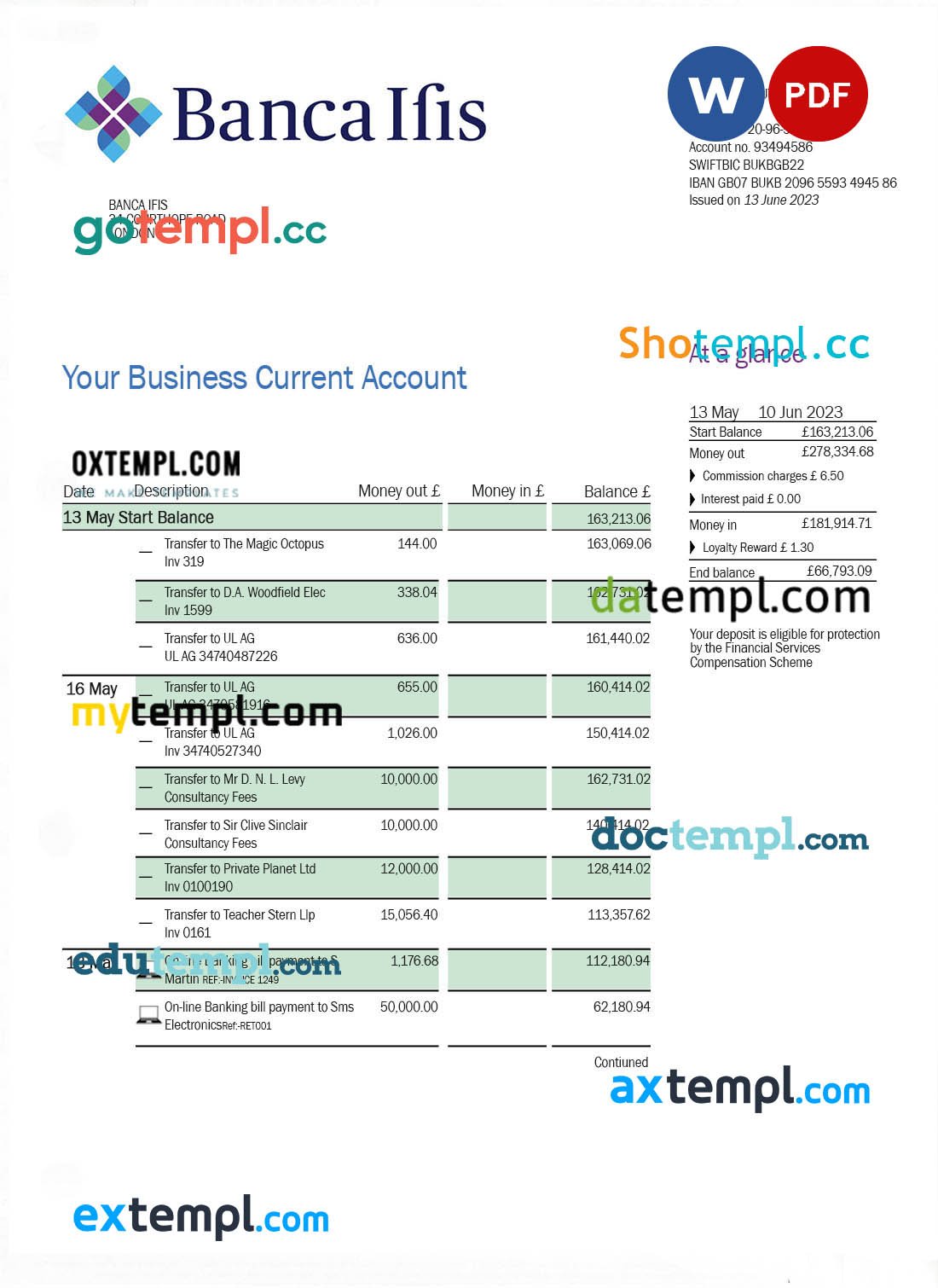 Banca Ifis business checking account statement Word and PDF template