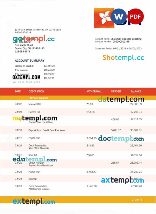Banco Bpi firm account statement Word and PDF template