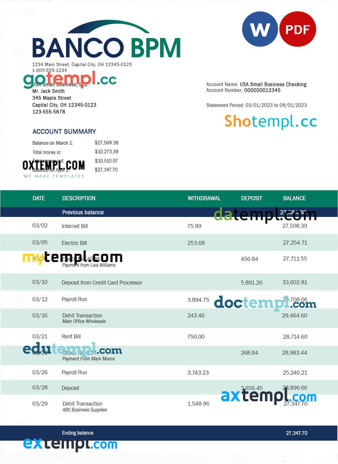 Banco BPM enterprise statement Word and PDF template